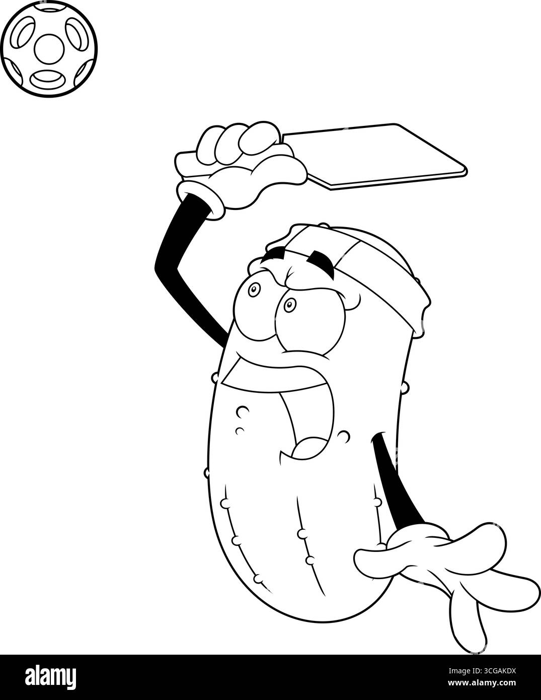 Outlined Angry Pickle Cartoon Character Playing Pickleball. Vector Hand ...