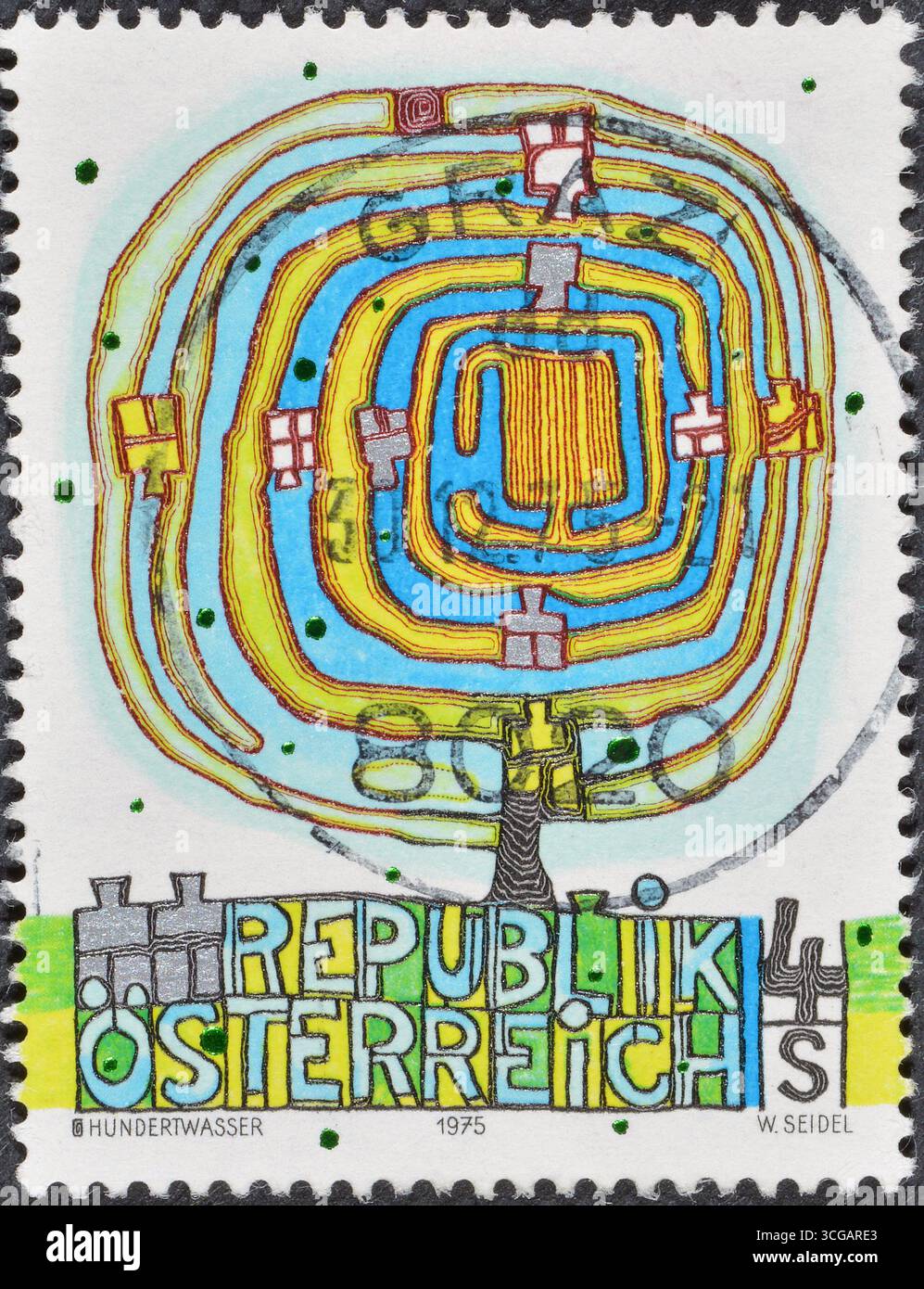 Cancelled postage stamp printed by Austria, that shows "Spiral Tree" by ...