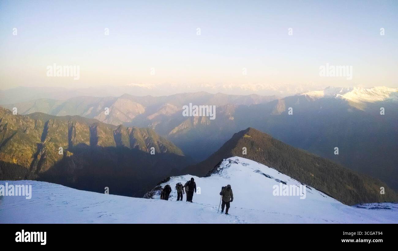 Majestic view of the Himalayan mountain range with snow capped peaks ...