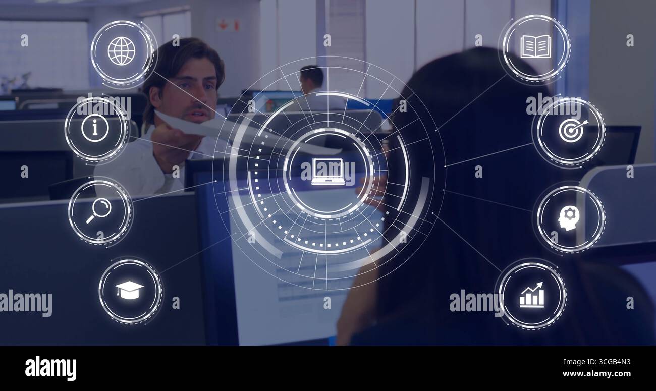 Projecting network interface overlaying workers in business attire at ...
