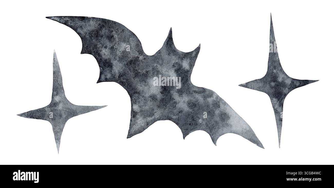 Bat and twinkling four pointed stars for halloween watercolor set ...