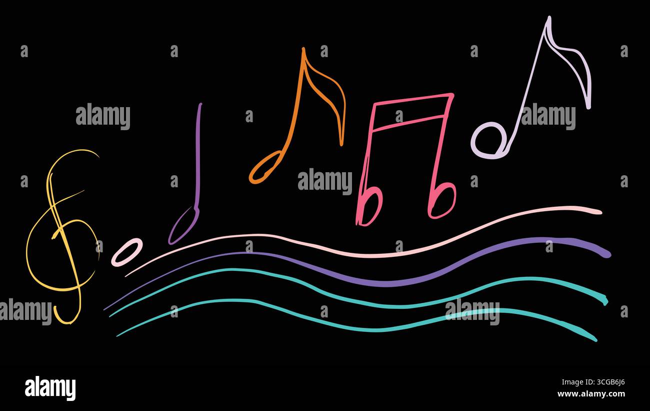 Abstract musical background with colorful notes and flowing lines on ...