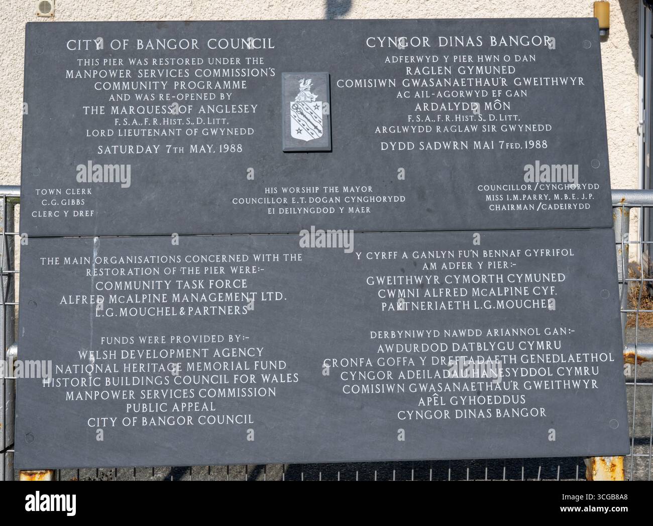 Plaque on Garth Pier, Garth Road, Bangor, Gwynedd, North Wales, Wales ...