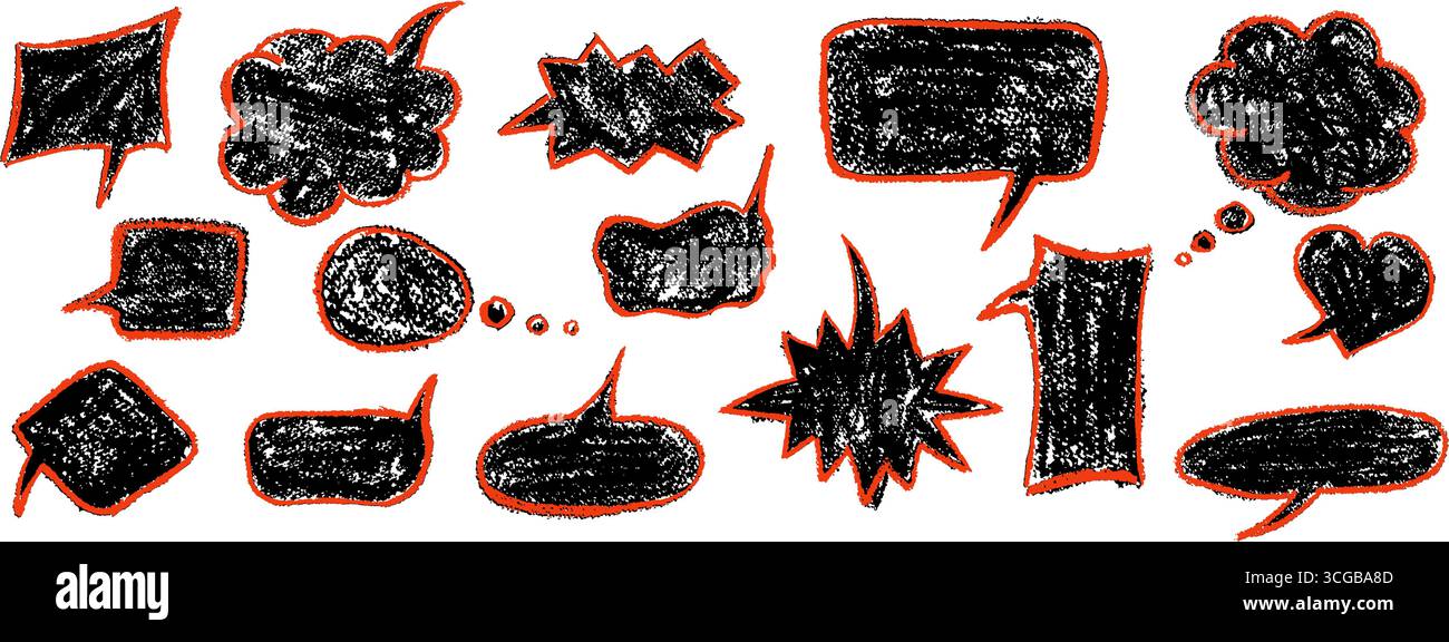 Black squiggle speech bubble and cloud shapes with red outline in ...