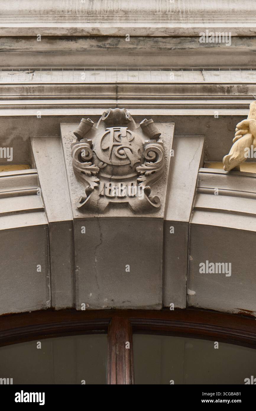Detailed close-up of a historic stone architectural element on a ...