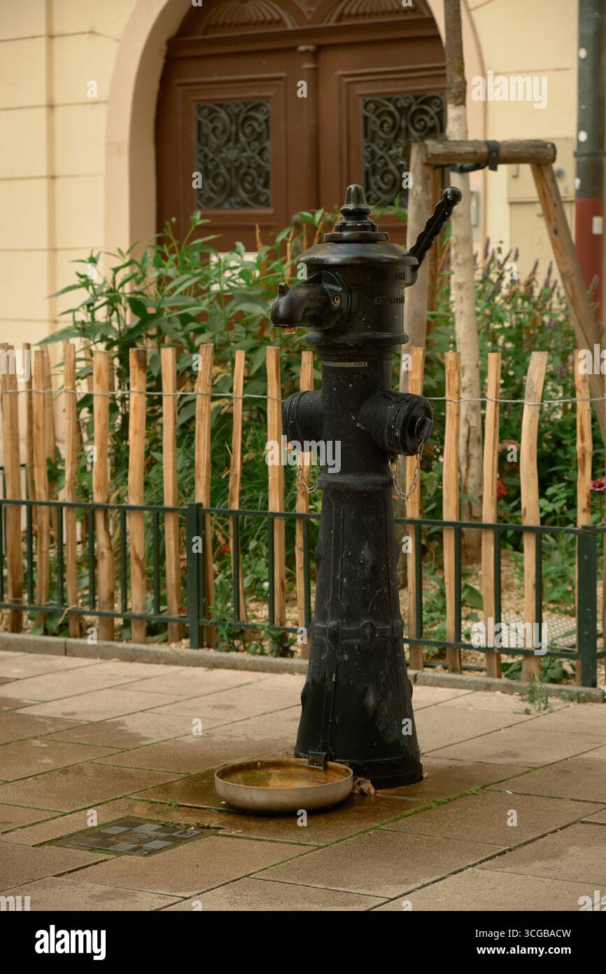 Historic black cast-iron water fountain standing on cobblestone ...