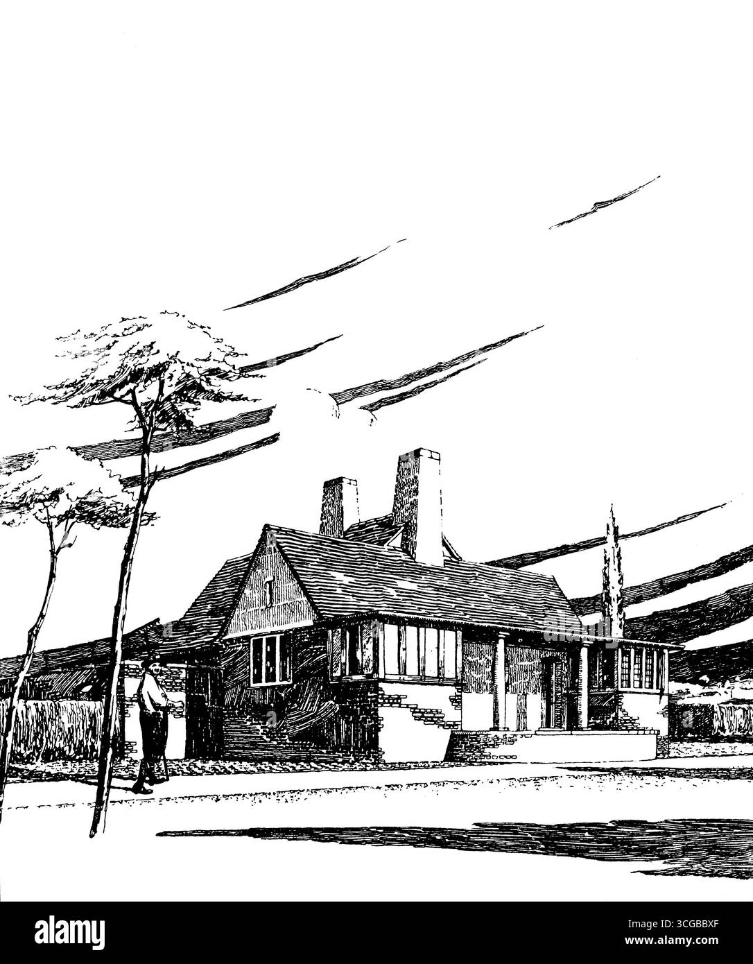 Architecture, drawing of Edwardian week-end cottage at Trimmingham ...