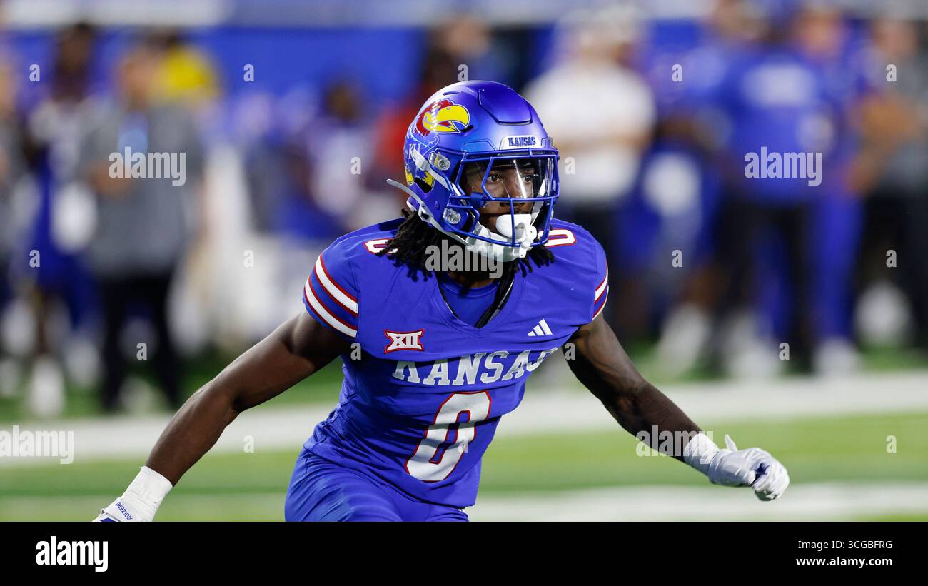 Kansas defensive back Austin Alexander (0) during an NCAA football game ...