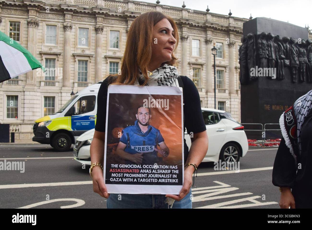 London, UK. 27th August 2025. Journalists stand with names of ...