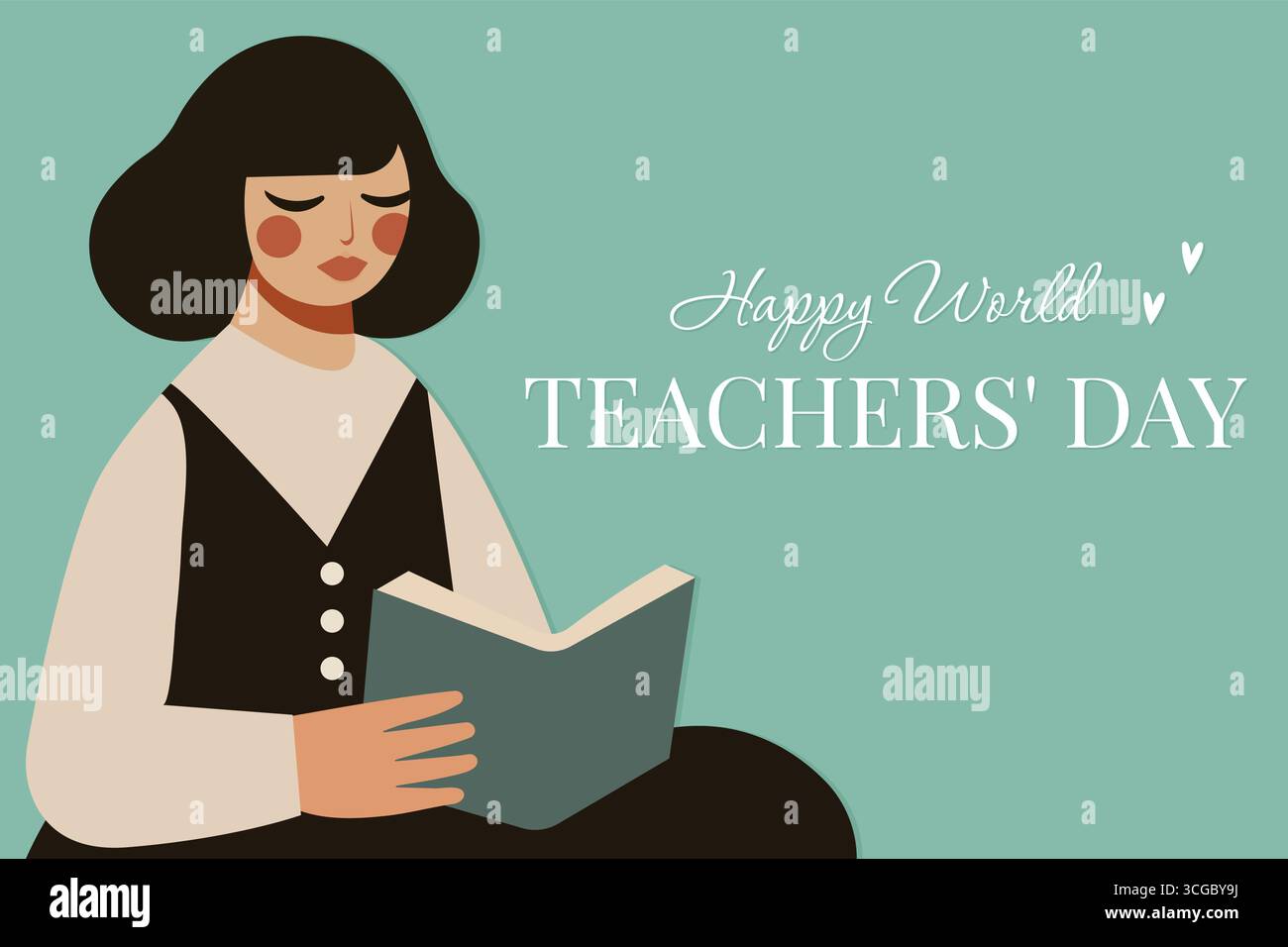 Happy World Teachers Day greeting card with female teacher reading book ...