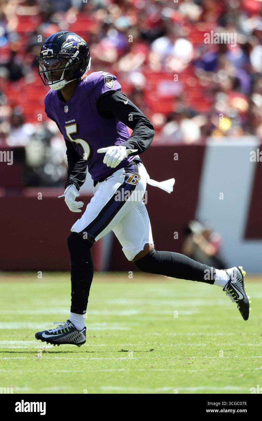 Baltimore Ravens cornerback Jalyn Armour-Davis (5) rushes during an NFL ...