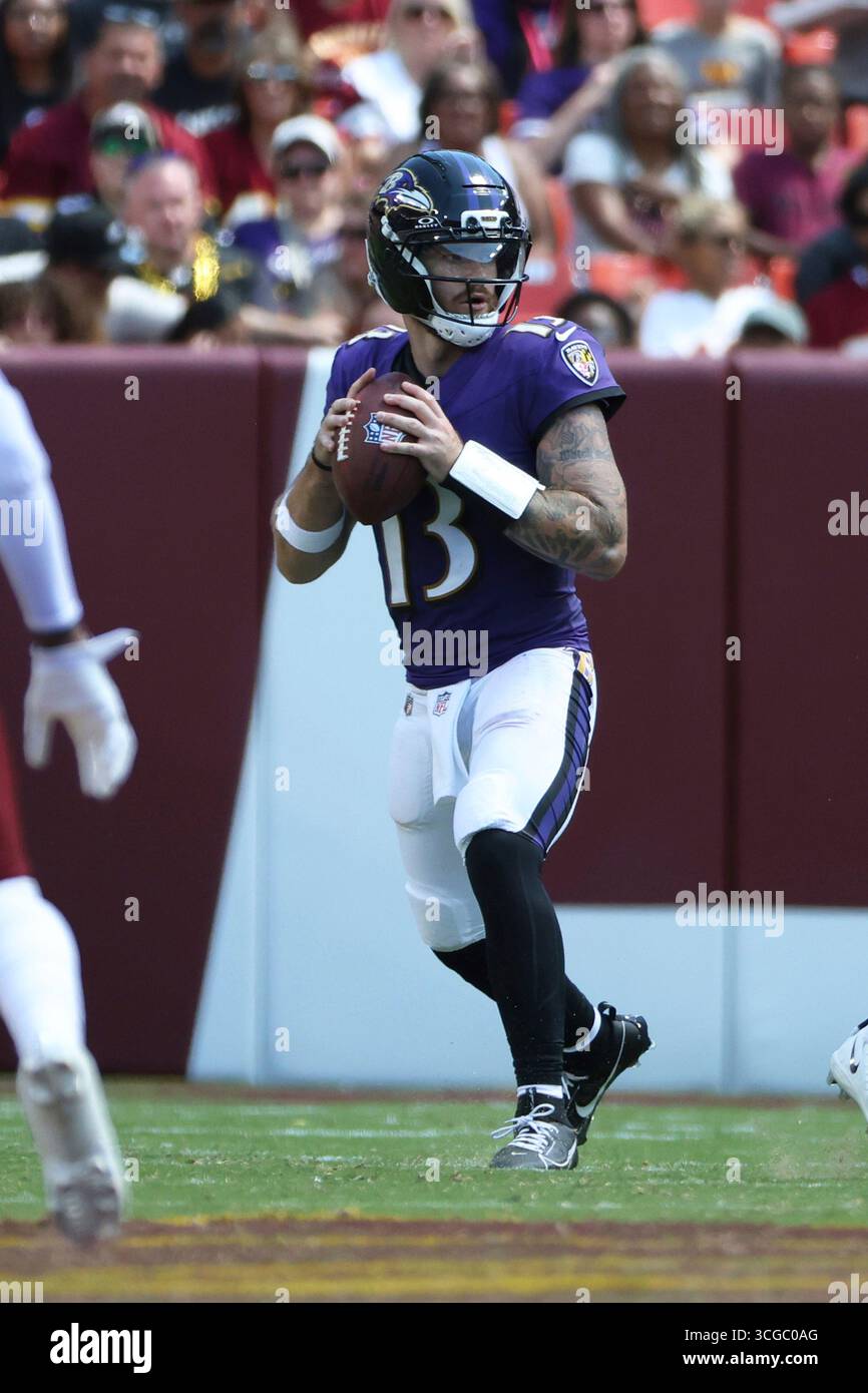 Baltimore Ravens quarterback Devin Leary (13) throws the ball during an ...