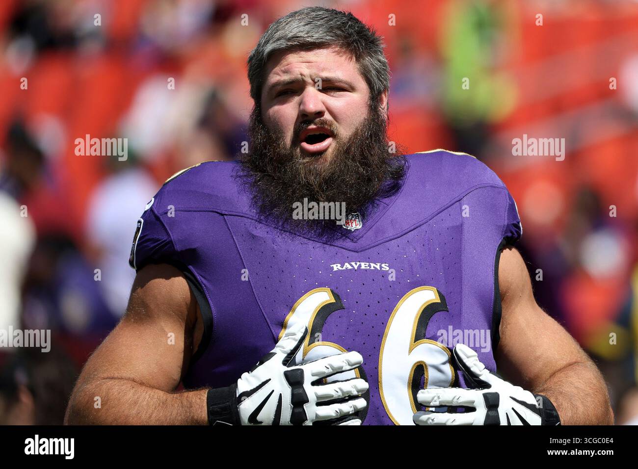 Baltimore Ravens guard Ben Cleveland (66) looks on before an NFL ...