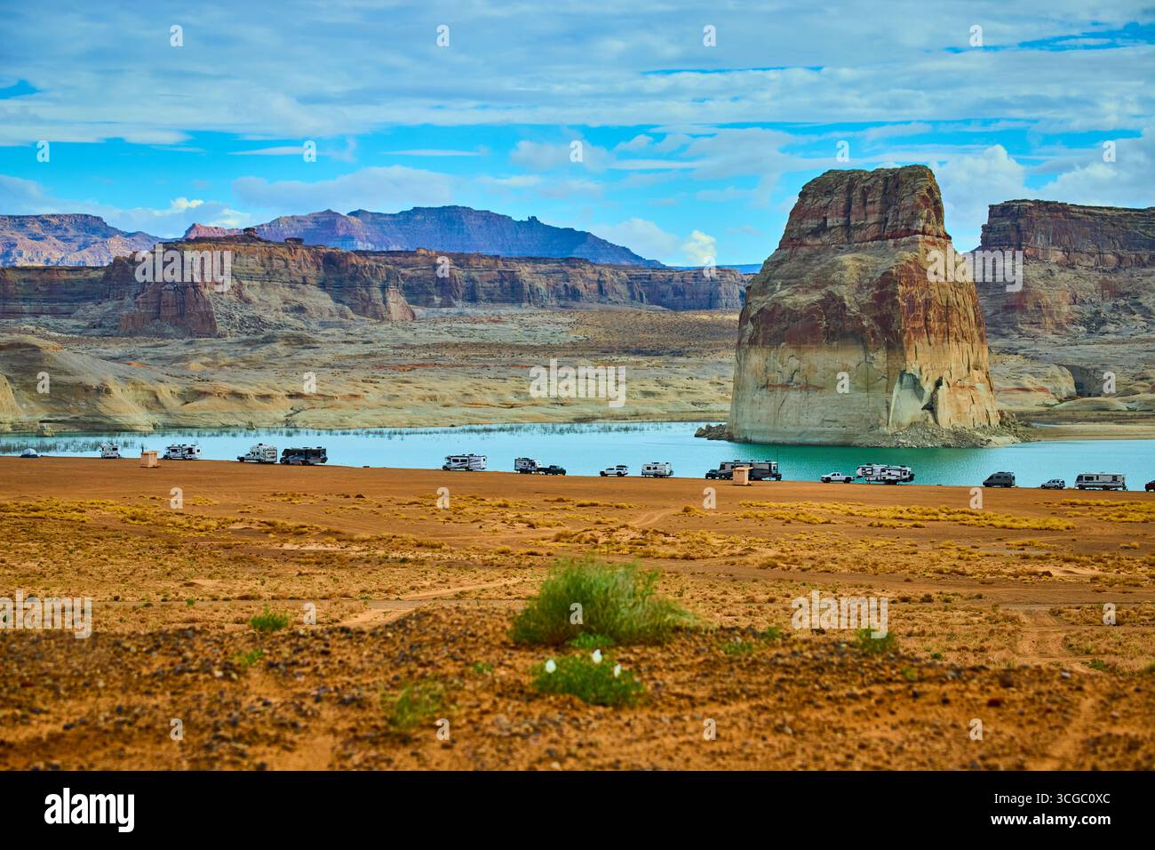 Lone Rock and RVs on Sandy Shore at Lake Powell Utah Desert Landscape ...