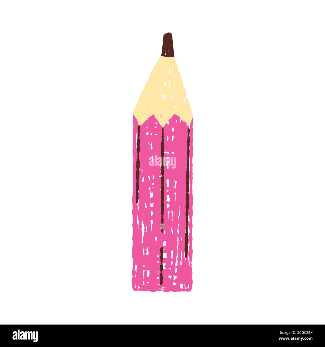 Hand drawn pink pencil in a playful child style on an isolated white ...