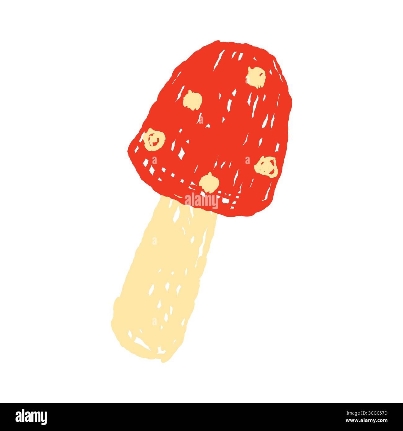 Hand drawn red mushroom with yellow spots in a playful isolated style ...