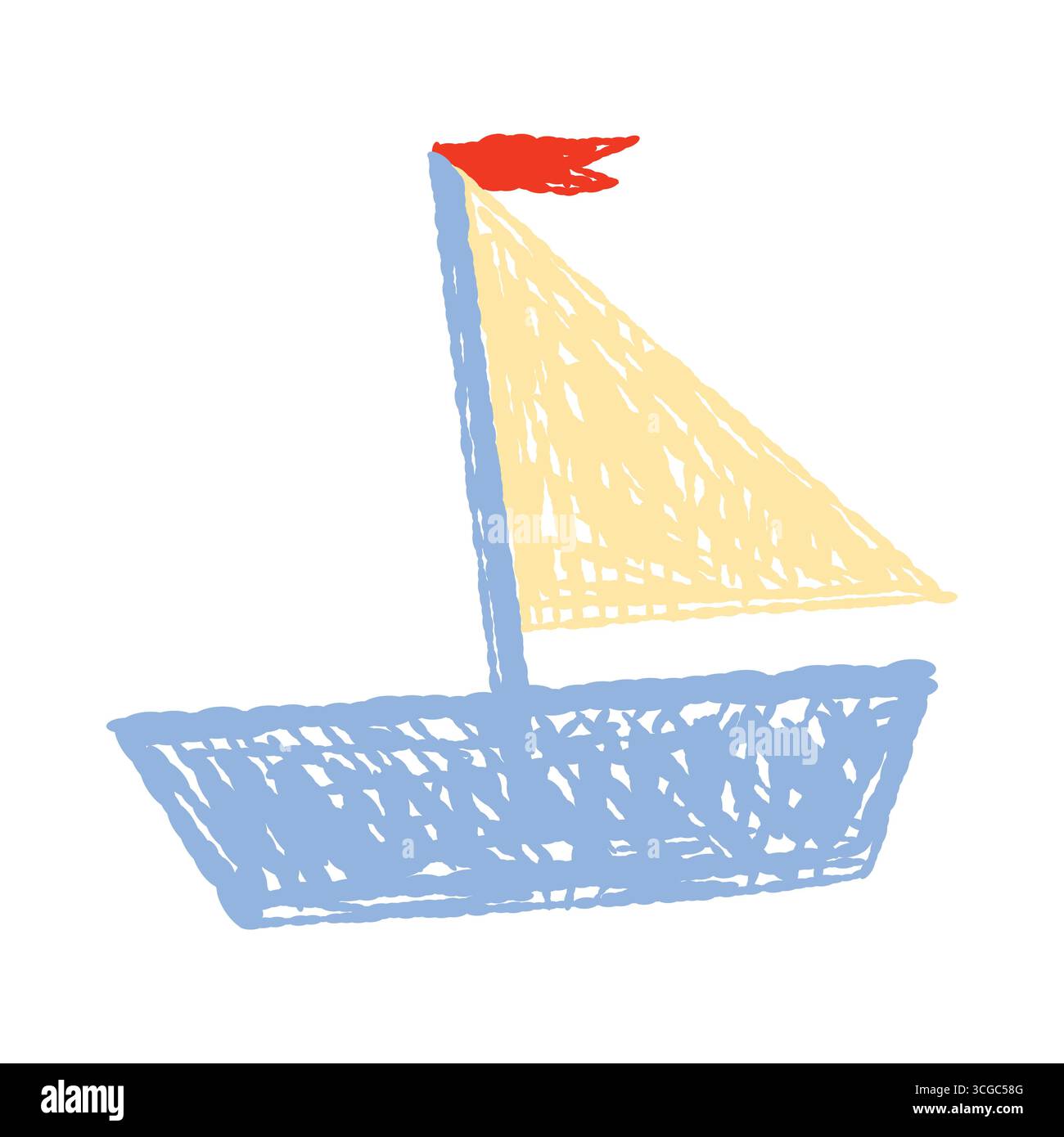 Simple colorful sailboat sketch in crayon style on white isolated ...