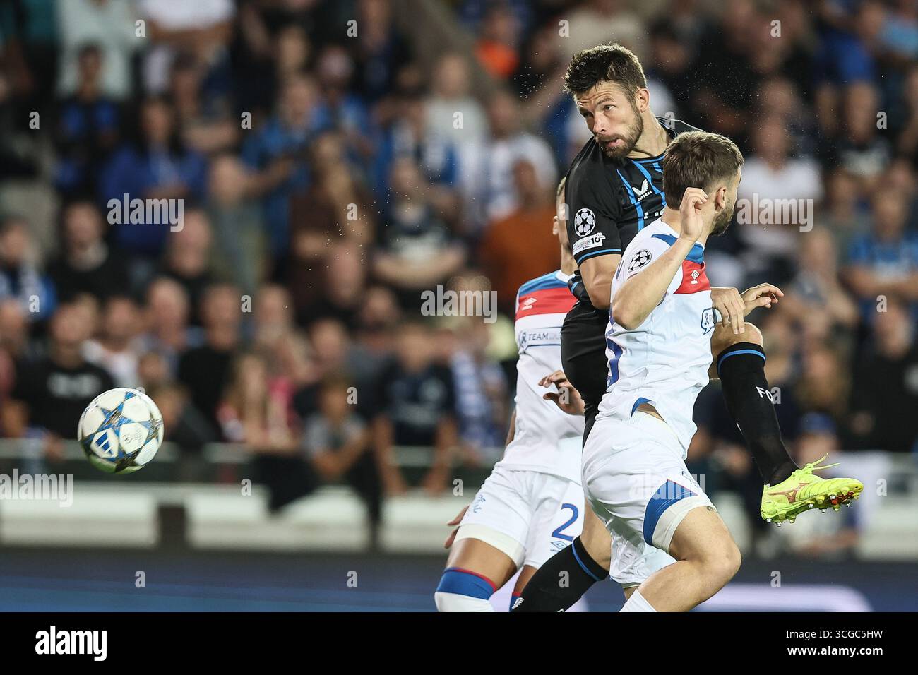 Club Brugge's Brandon Mechele attempts a headed shot towards goal ...