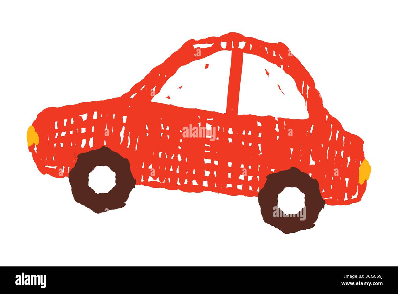 Simple red car painted by a child, isolated on white background ...