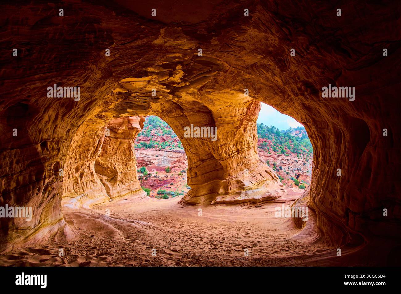 Sandstone Cave Arches Framing Desert Landscape Kanab Utah Interior ...