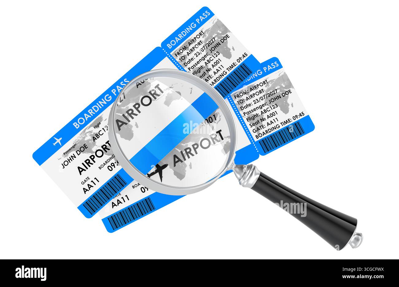 Boarding pass tickets with magnifying glass. 3D rendering isolated on ...