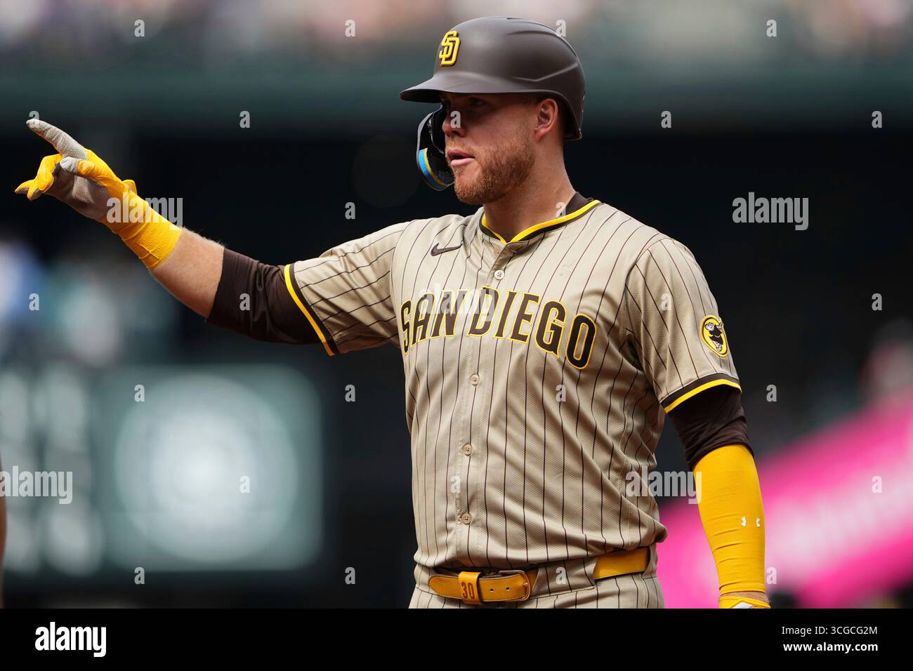 San Diego Padres' Gavin Sheets reacts after hitting a single to score ...