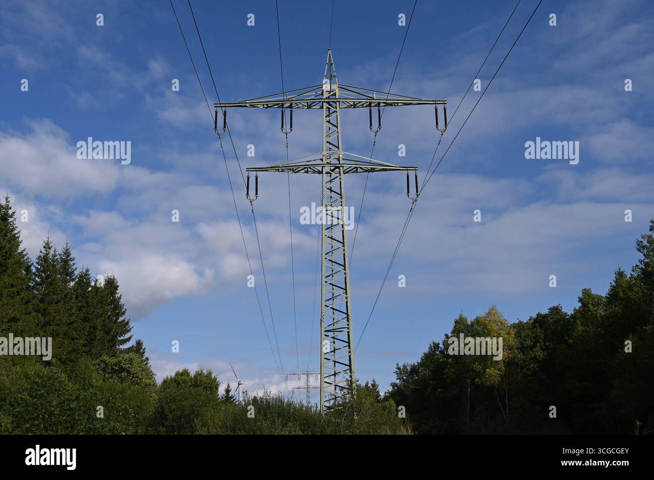 Strommast, Überlandletung vor blauem Himmel über Wald ...