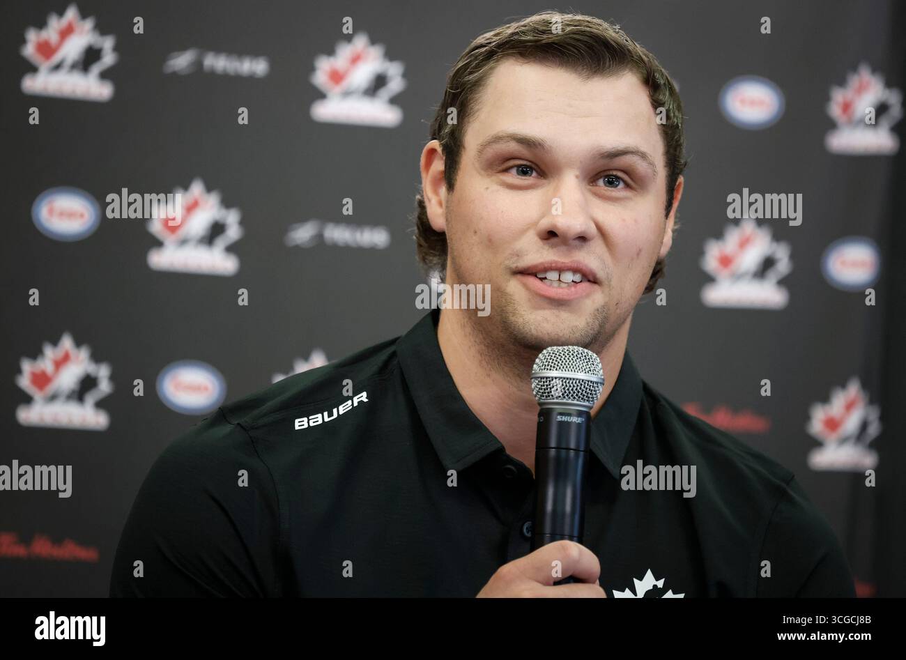 Canadian men's Para hockey team player Liam Hickey speaks to the media ...