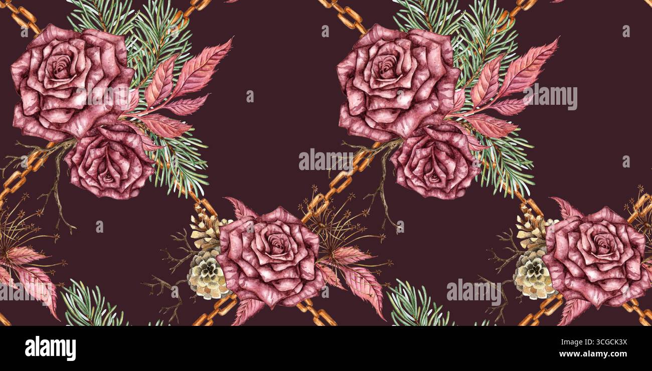 Burgundy roses, fir branches, cones, dry branches, dried flowers ...