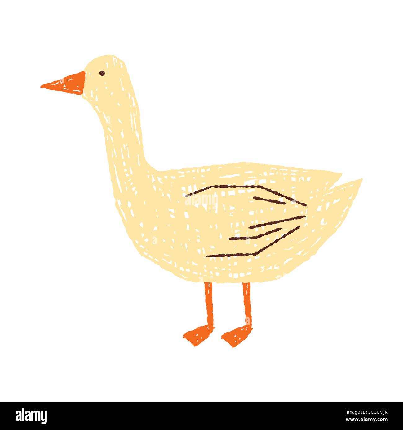 Simple child drawing of a yellow goose with orange beak and legs ...