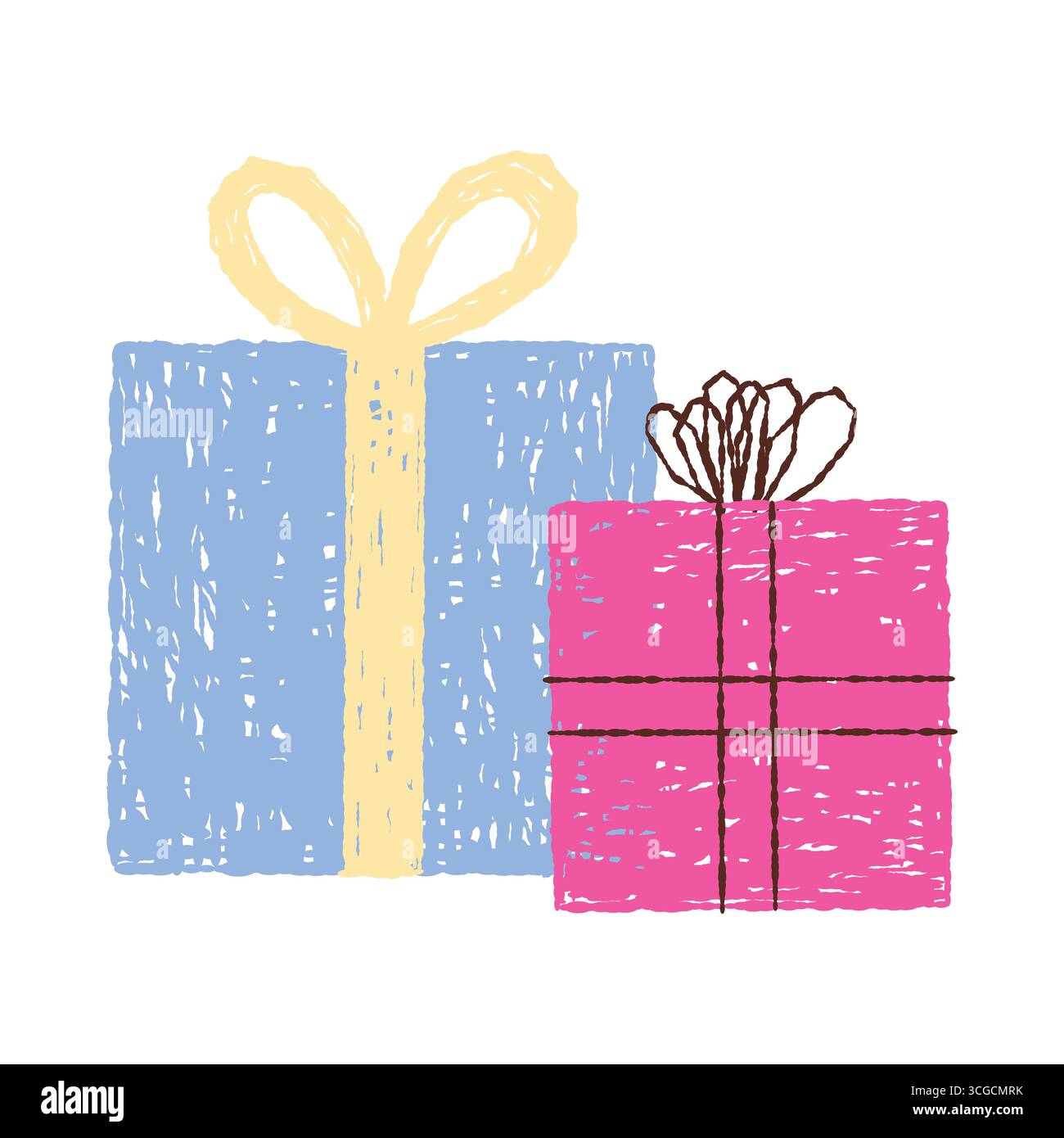 Colorful child drawing of two isolated present boxes with ribbons on a ...