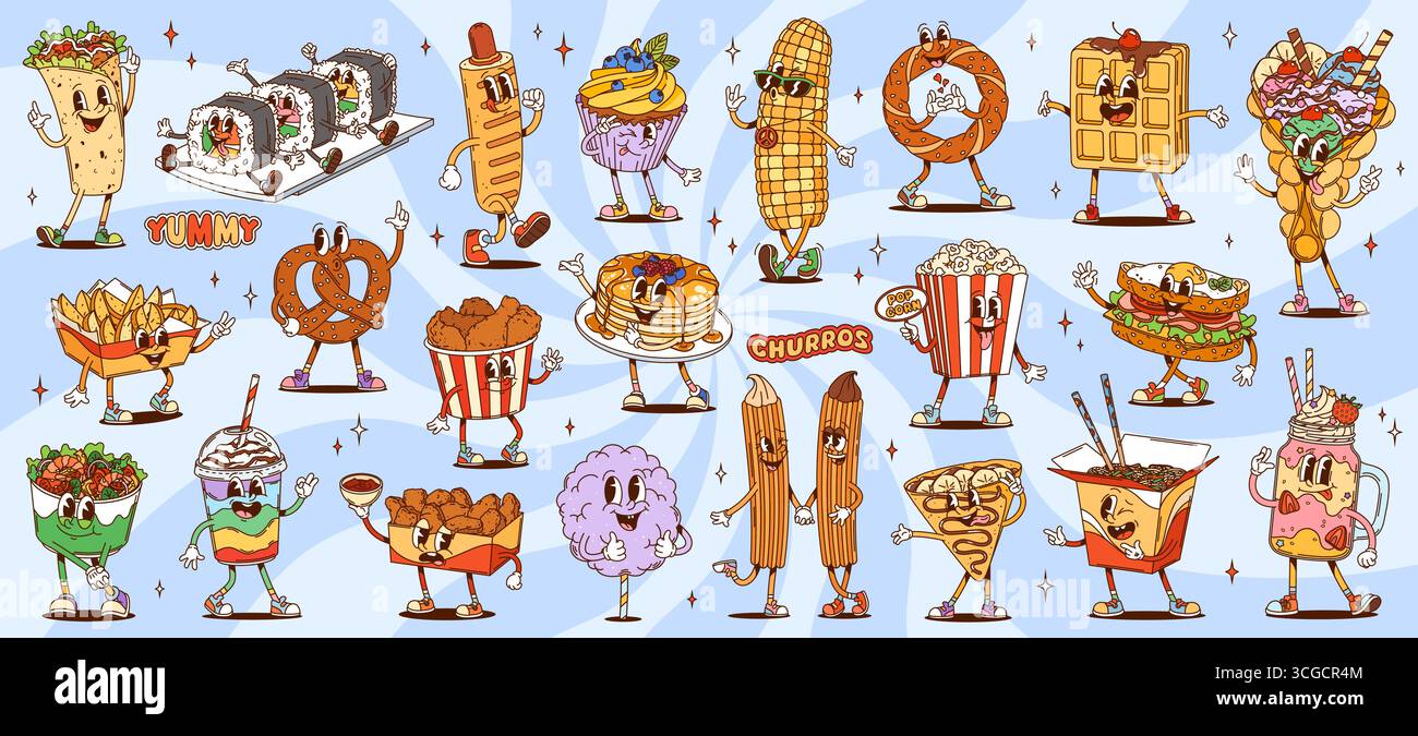 Cartoon groovy fast food characters. Vector set of sushi rolls, churros ...