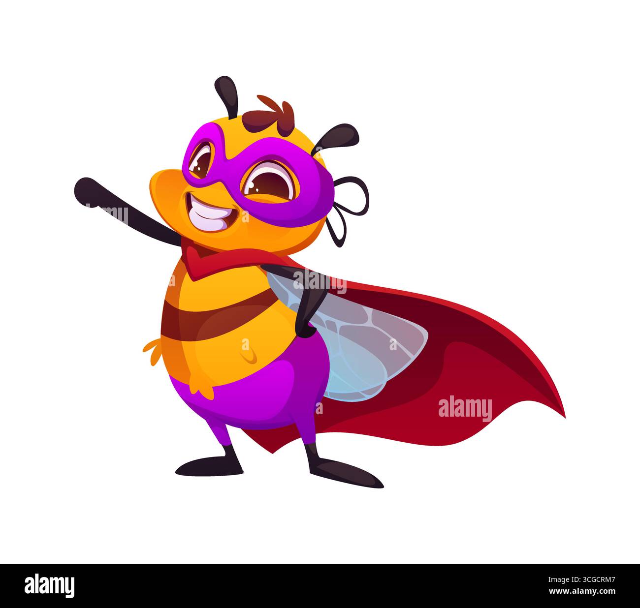Cartoon honey bee superhero character standing in mask and cape ...