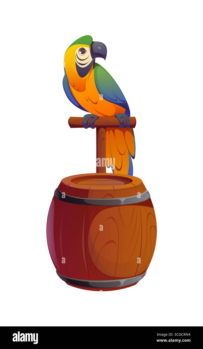Cartoon 3D pirate game icon of parrot on rum barrel of Caribbean ...