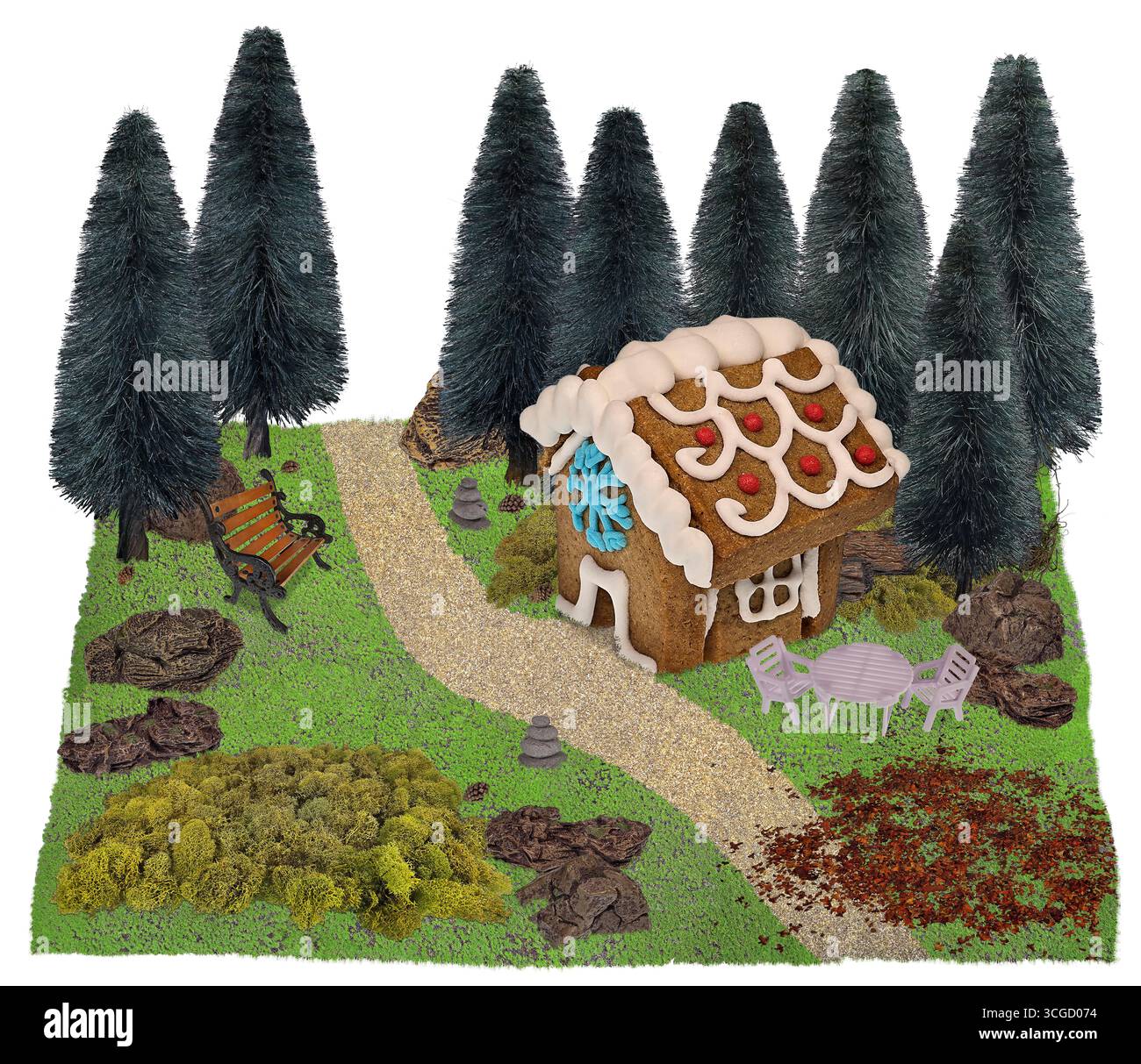Gingerbread House amongst many Tall Green Trees along a forest path ...