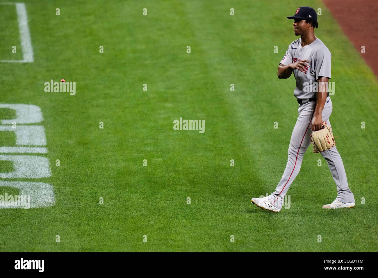Boston Red Sox starting pitcher Brayan Bello throws a wad of gum while ...