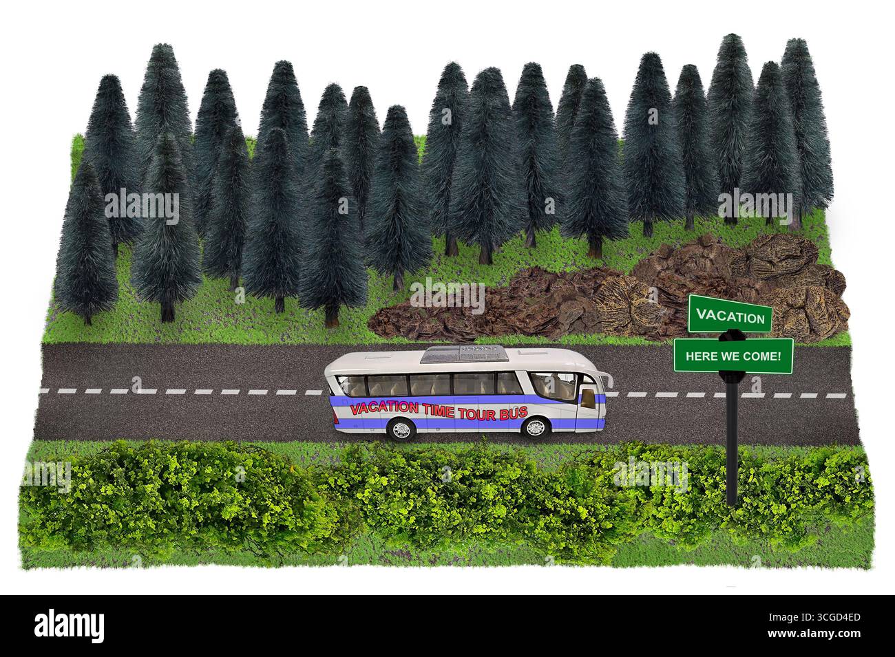 Vacation time tour bus driving along a road through the woods Stock ...