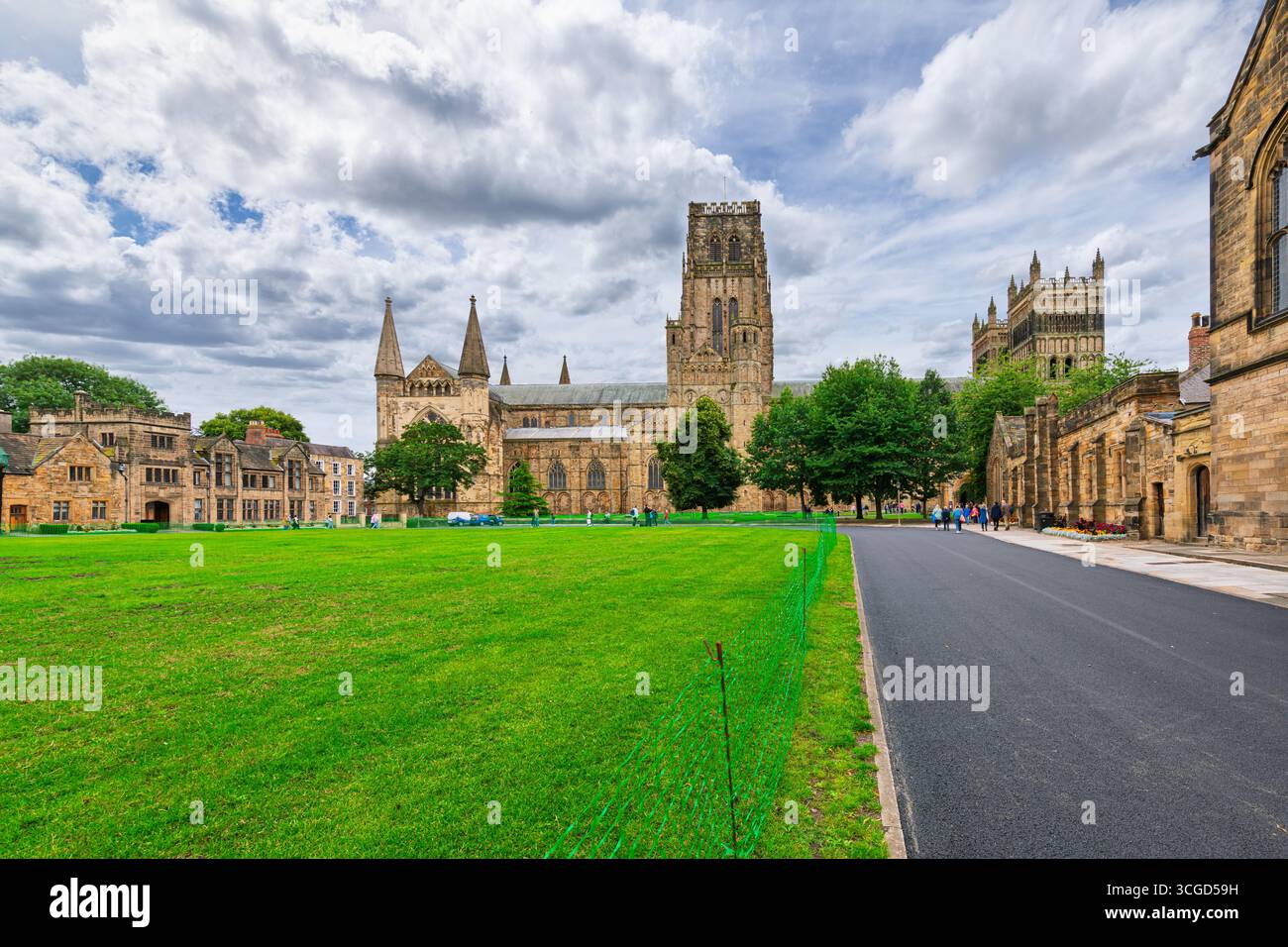 The lawn, grounds, tower and facade of Palace Green at medieval Durham ...
