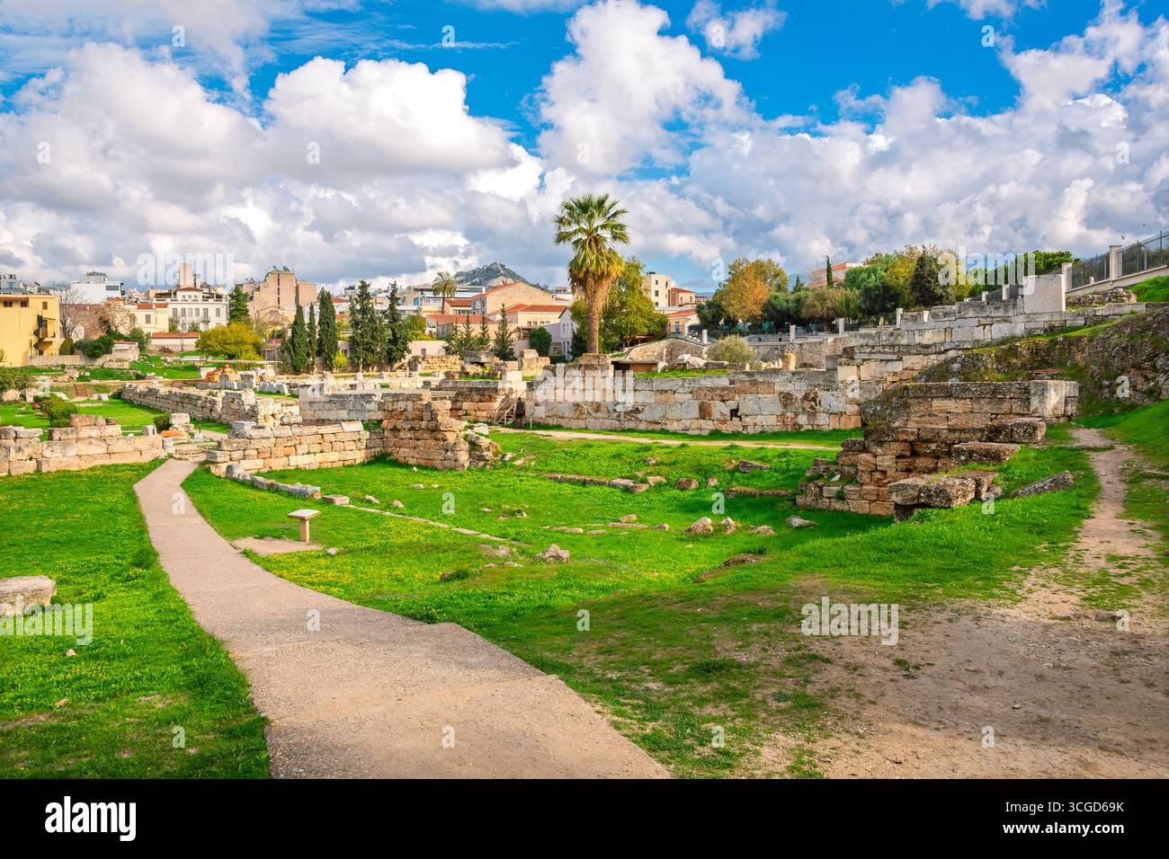View of the ancient Sacred Way, the road from Athens to Eleusis, in the ...