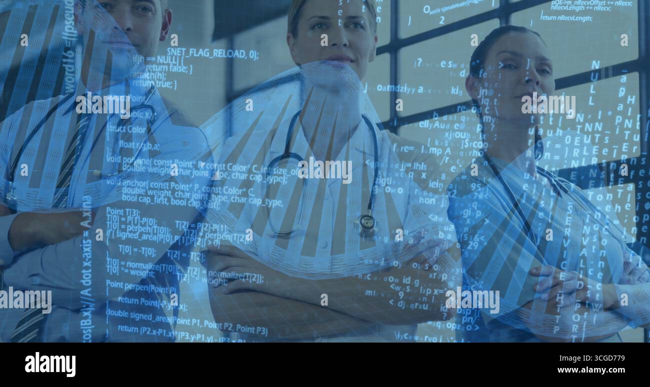Standing medical team scanning data overlays through grid window in ...
