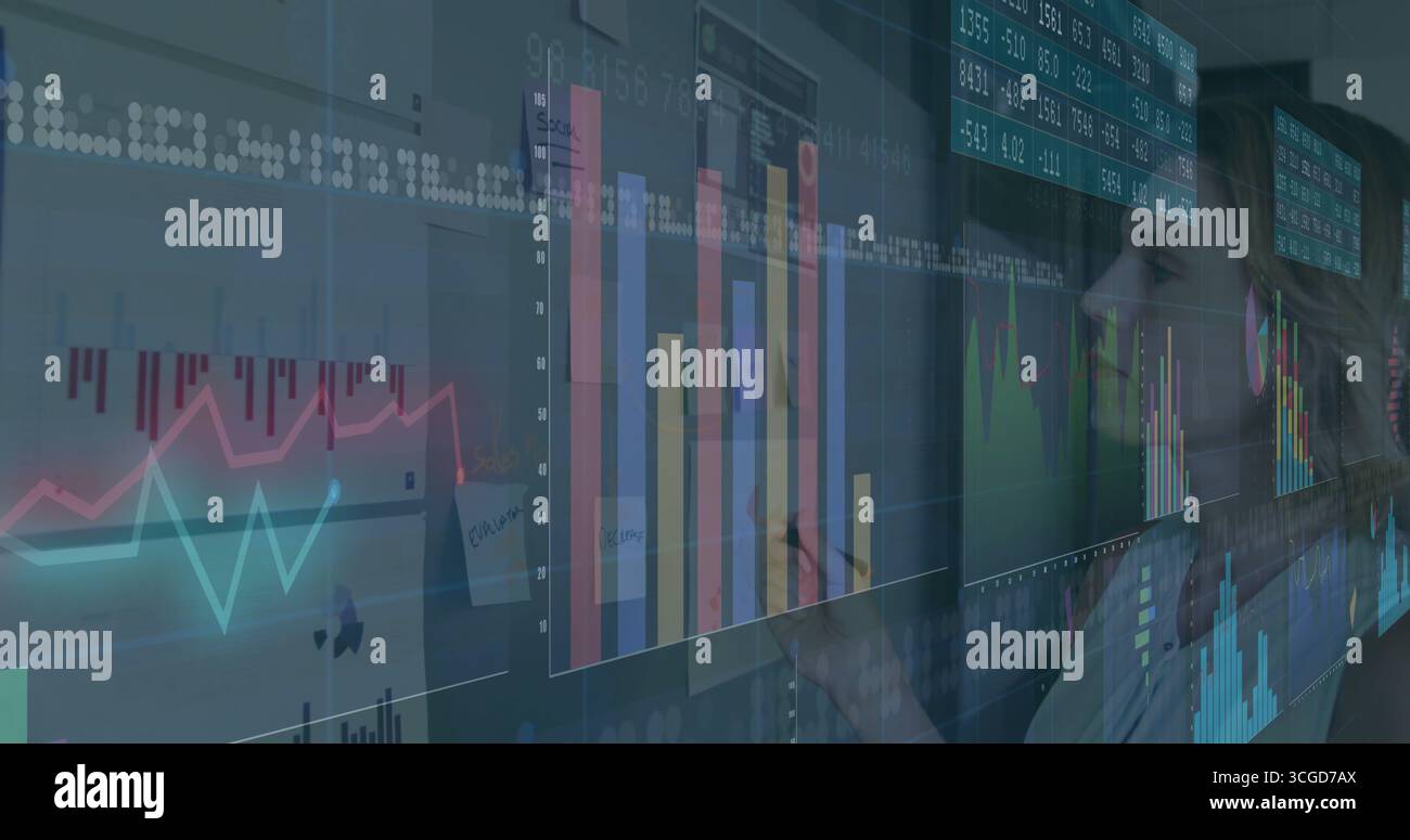 Analyzing bar charts and line graphs on display wall, analyst wearing ...