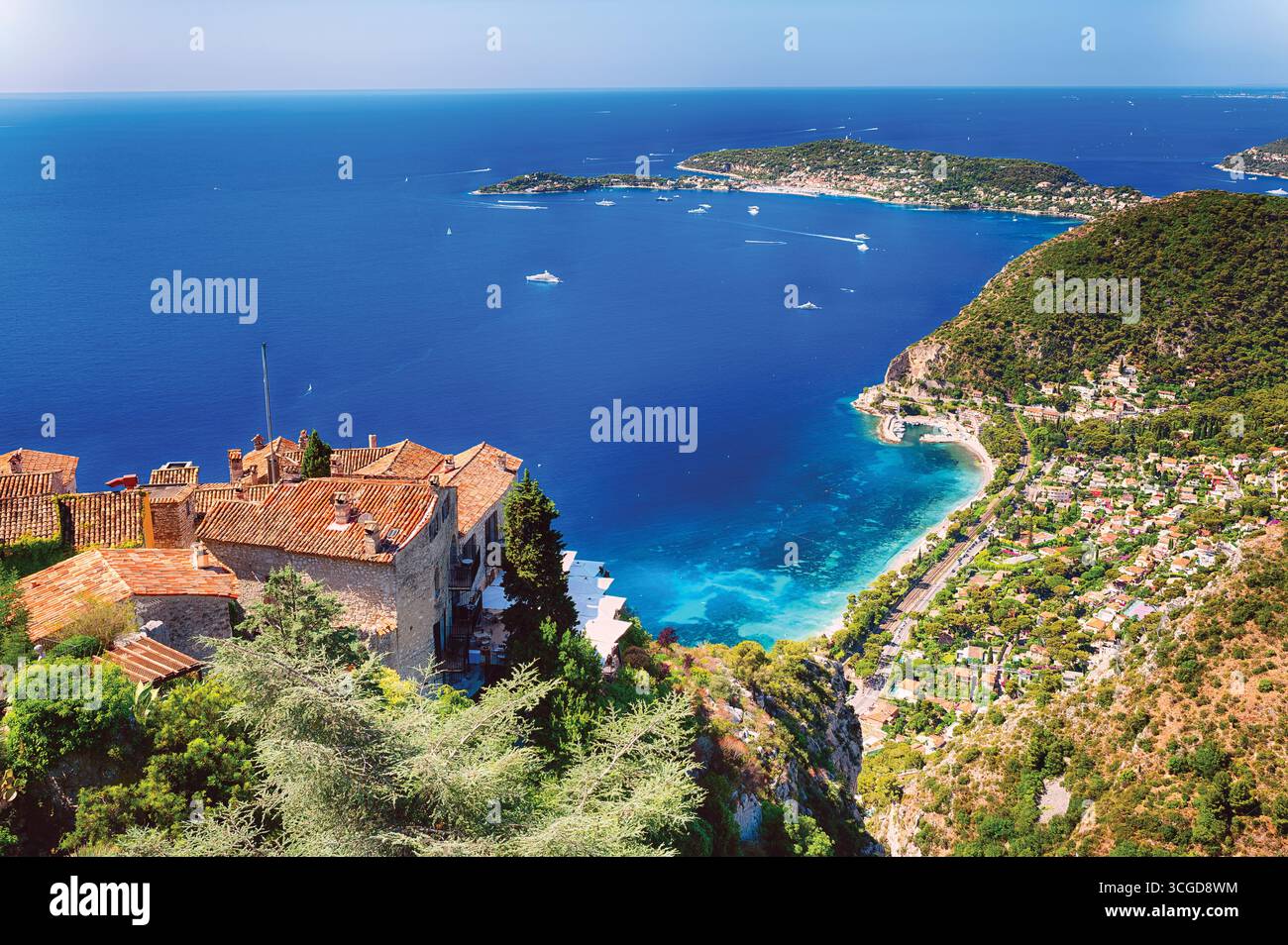High Angle View of Eze Sur-Mer and Cape Ferrat from Eze-Hilltop Village ...