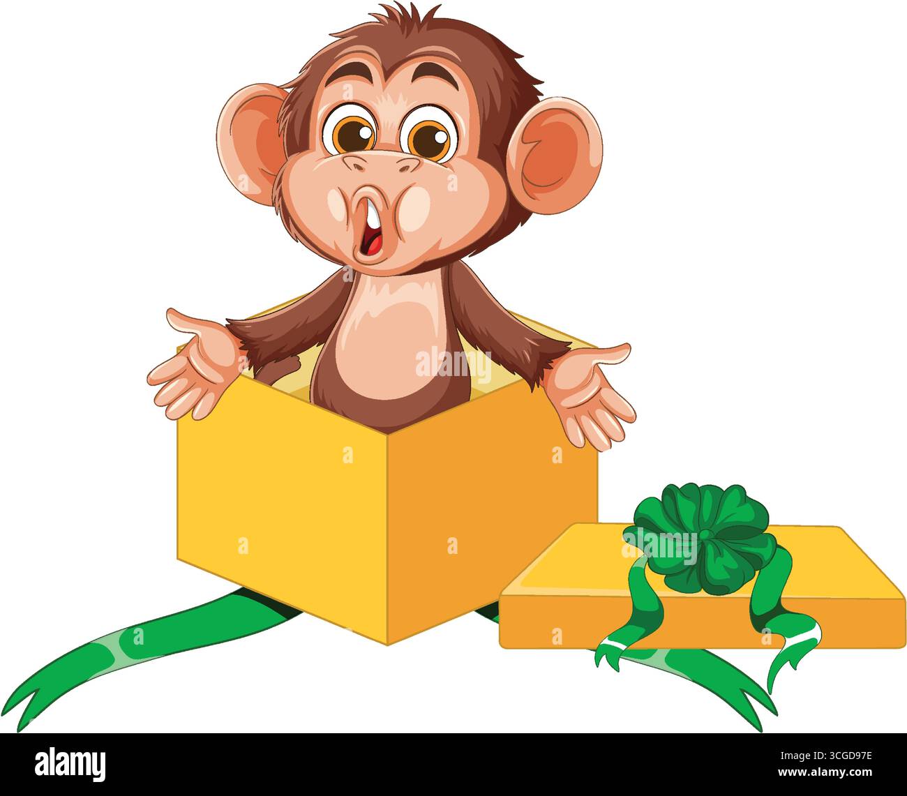 Cartoon monkey with wide eyes pops out of yellow gift box with green ...