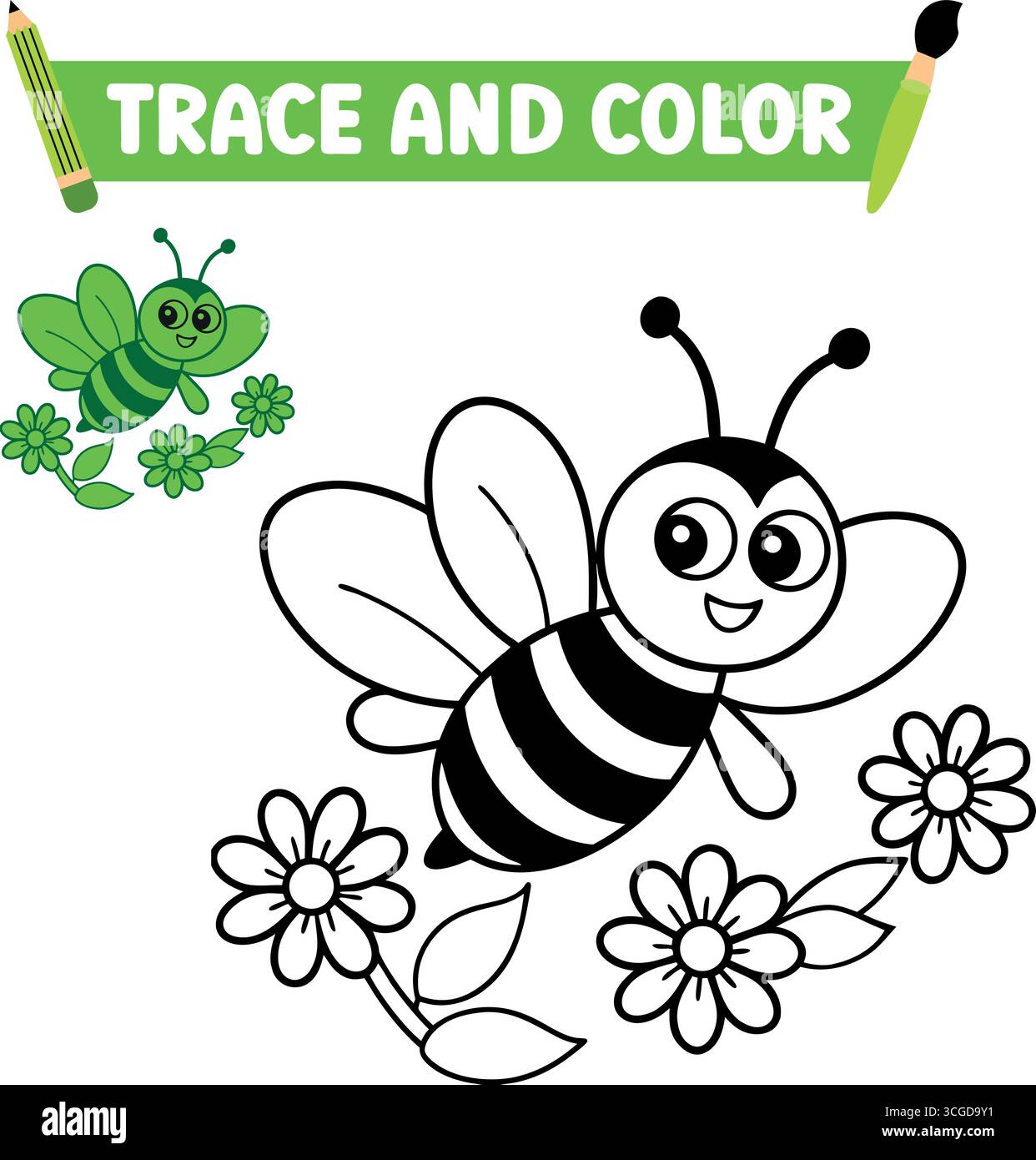 Cute cartoon bees with flowers and leaves for tracing and coloring ...