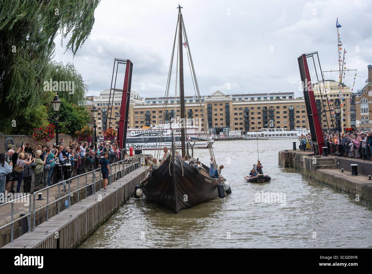 The Viking ship enters to the St Katharine Dock in London. The 20-metre ...