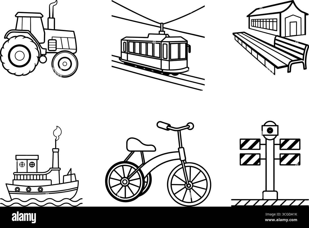 Collection of vintage and modern hand drawn transportation vehicles ...