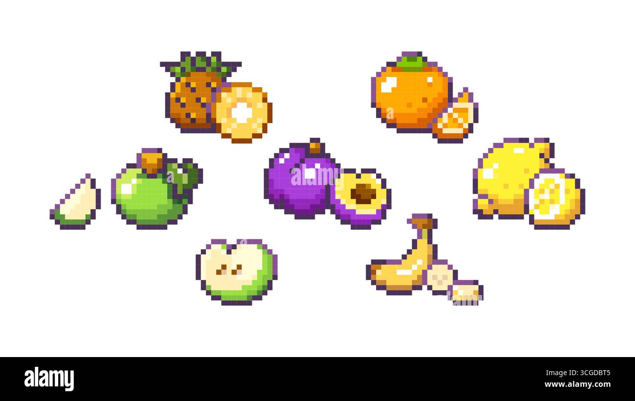 Fruit pixel art collection with pineapple and orange, apple and plum ...