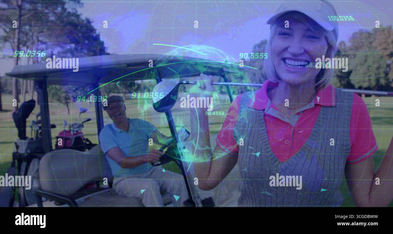 Woman holding golf club upright on golf course cart path, with golf ...