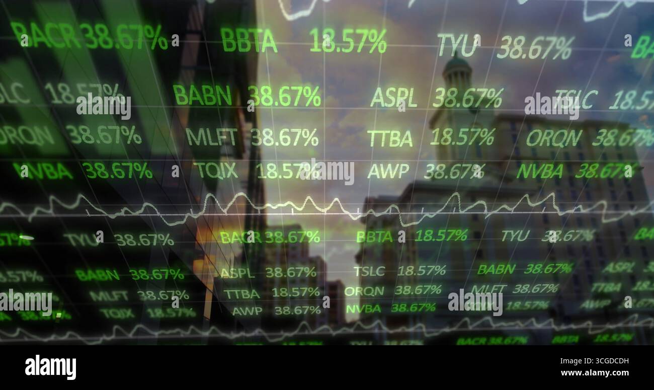 Displaying green digital ticker overlay at dusk city skyline, showing ...
