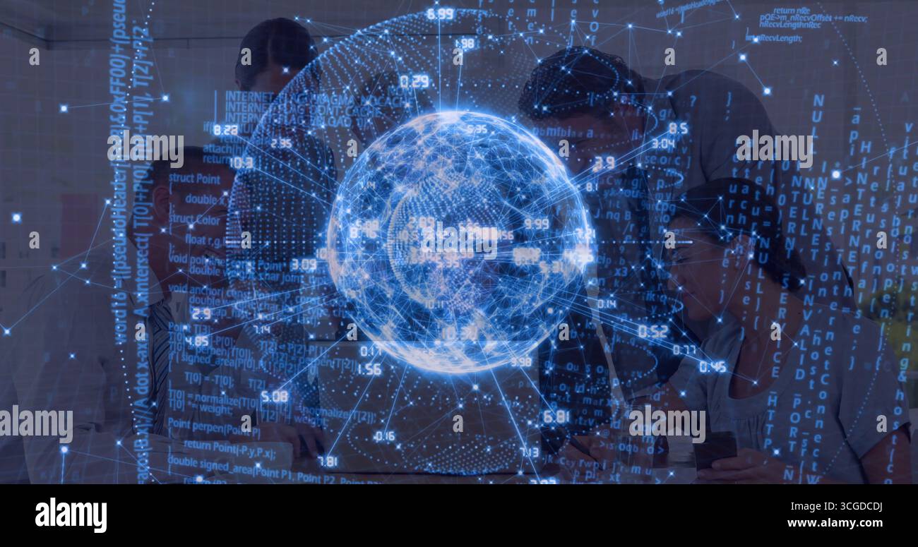 Business team analyzing holographic globe hi-res stock photography and ...